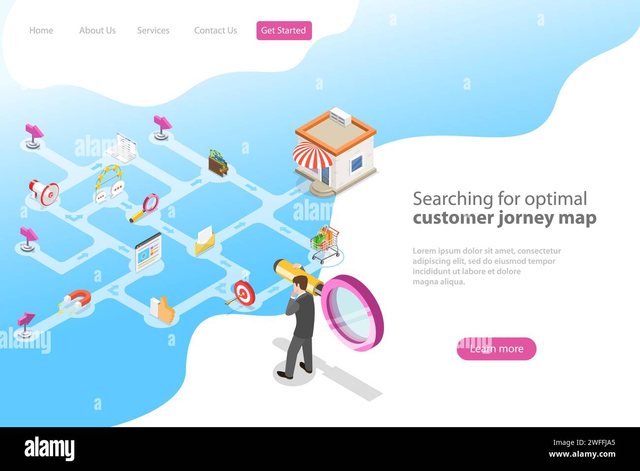 Isometric flat vector landing page template for serching for optimal customer journey, digital ...