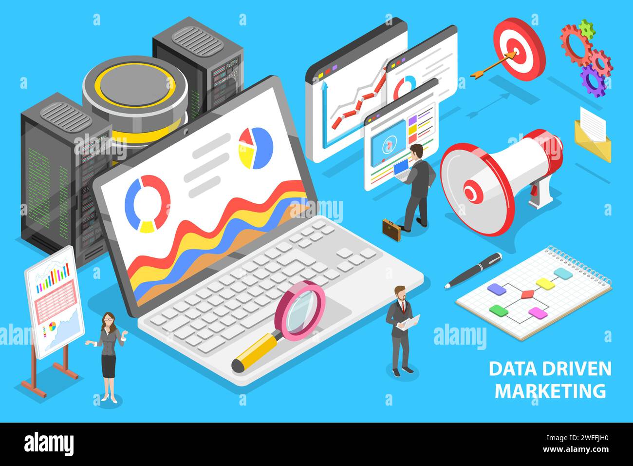 3D Isometric Flat Vector Conceptual Illustration of Data Driven Marketing, Data Research and ...