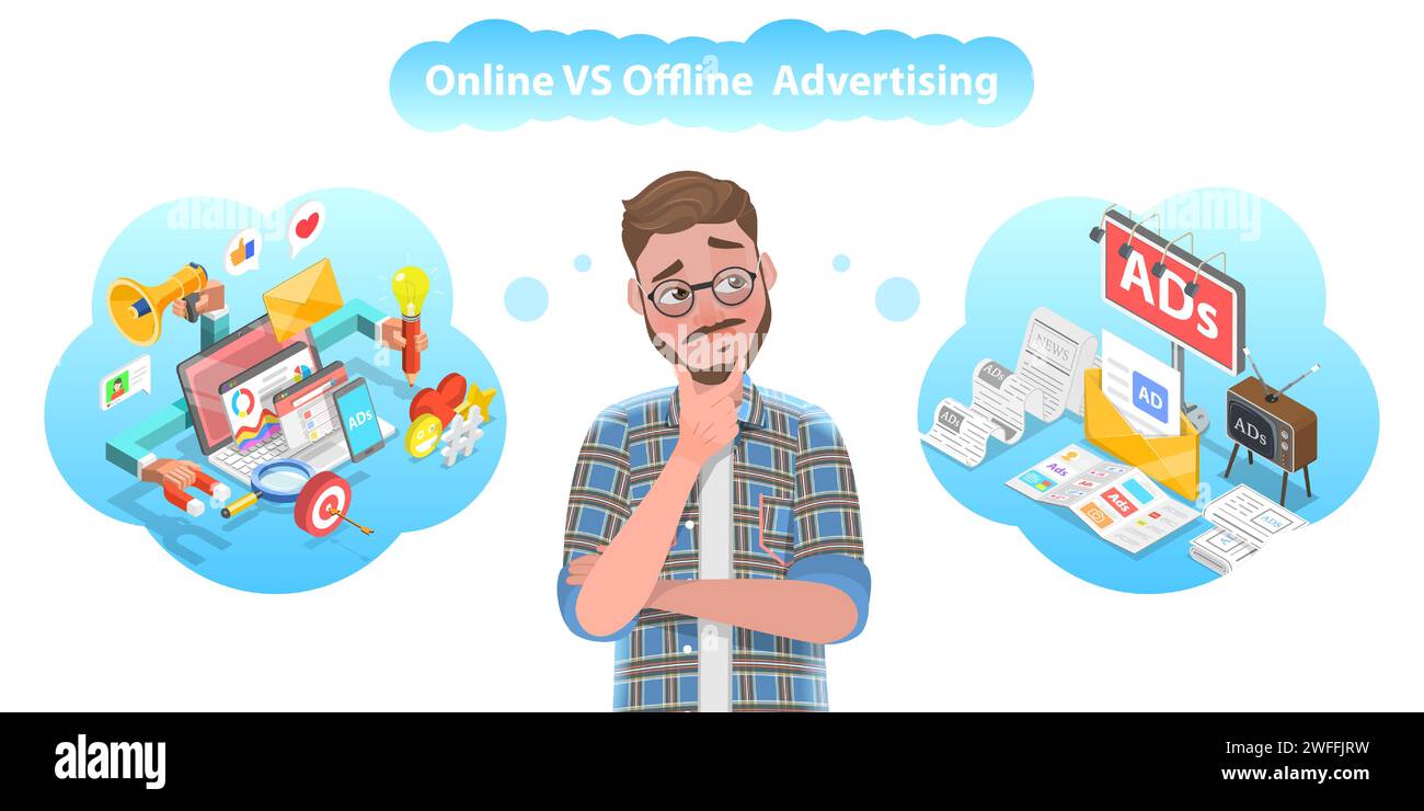 3D Vector Conceptual Illustration of Online vs Offline Advertising ...