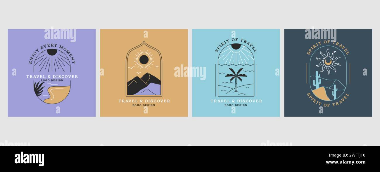 Vector linear boho emblems with abstract mountain landscape. Travel ...