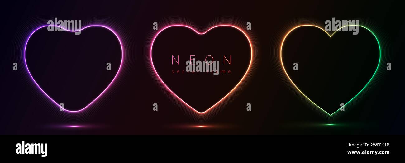 Set of glowing neon color heart shape with wavy dynamic lines on black ...