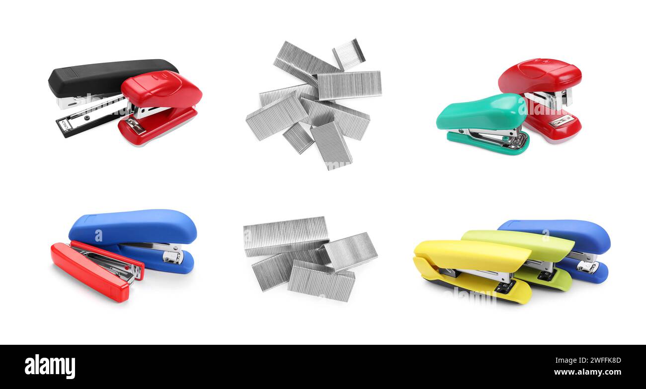 Different colorful staplers and fasteners isolated on white, collection ...