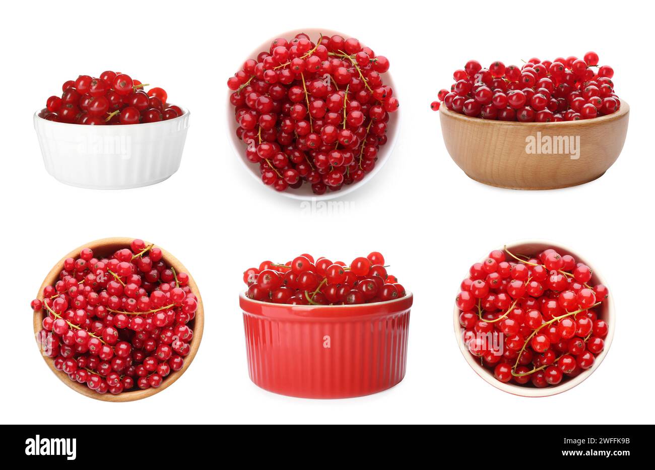 Fresh red currants in bowls on white background, collection. Top and ...