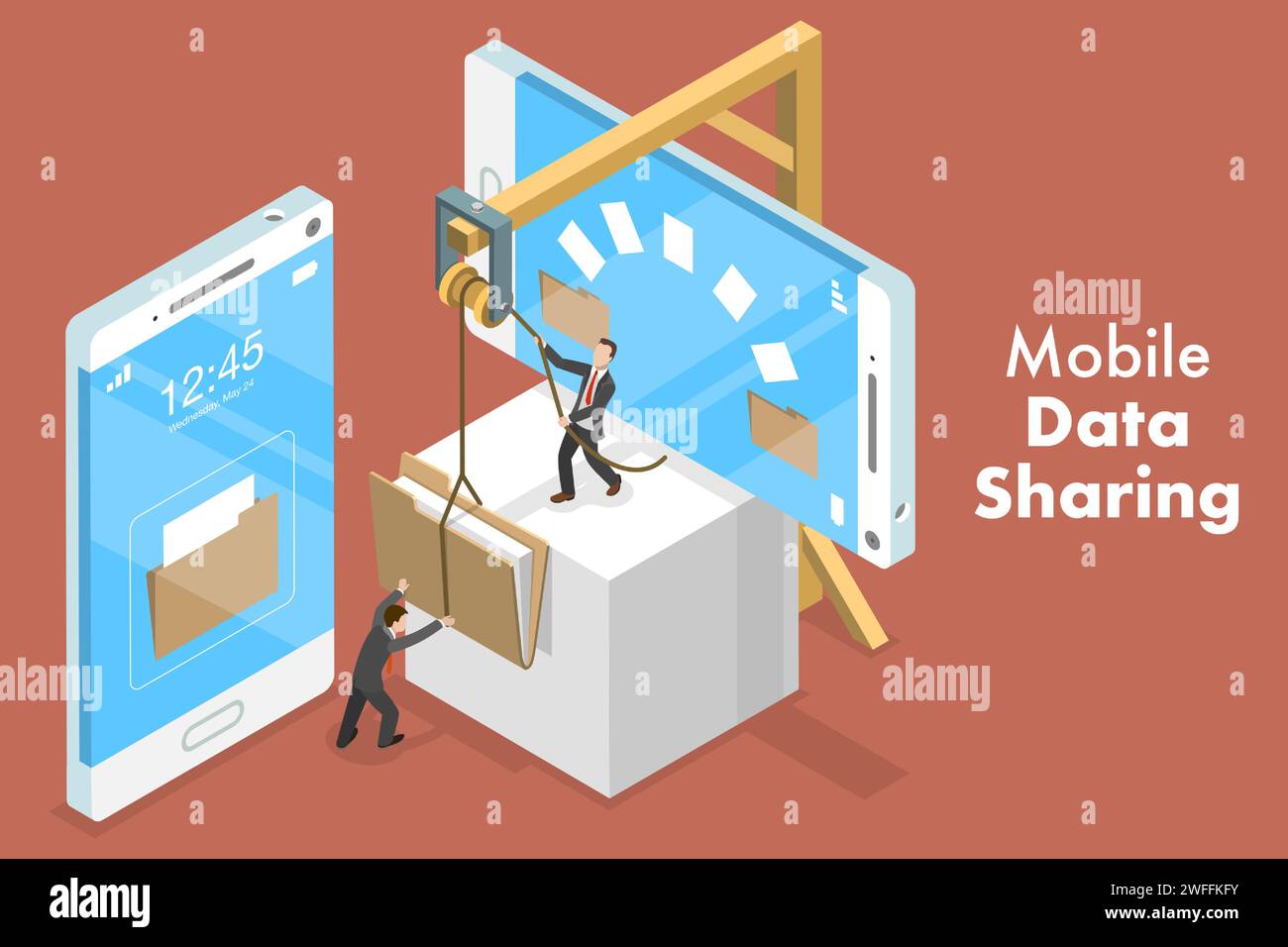 3D Isometric Flat Vector Conceptual Illustration of Mobile File Sharing, Cloud Data Transfer ...