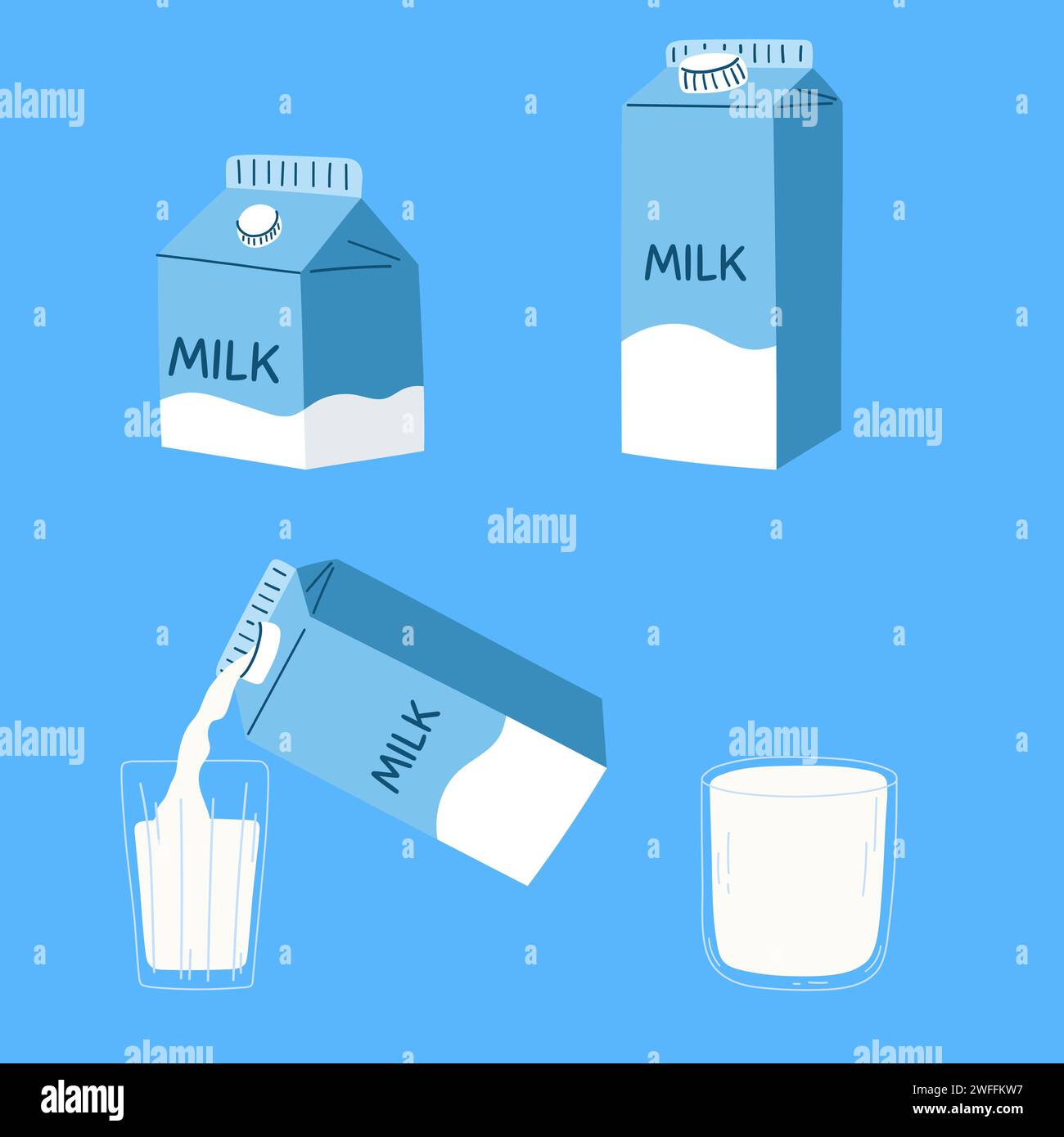 Set of milk packages and glass. Vector illustration of dairy product in ...
