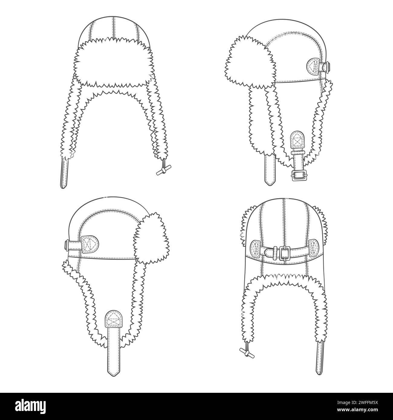 Set of black and white illustrations with flying cap with earflaps ...