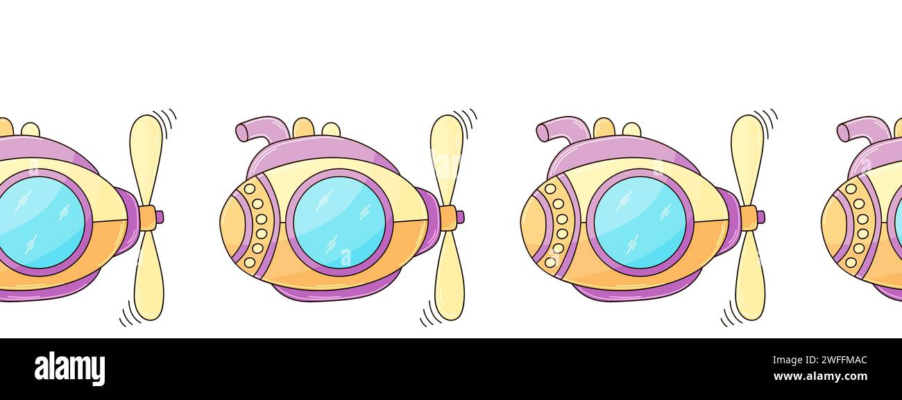 Marine seamless border. Children's fairy-tale drawing. Yellow ...