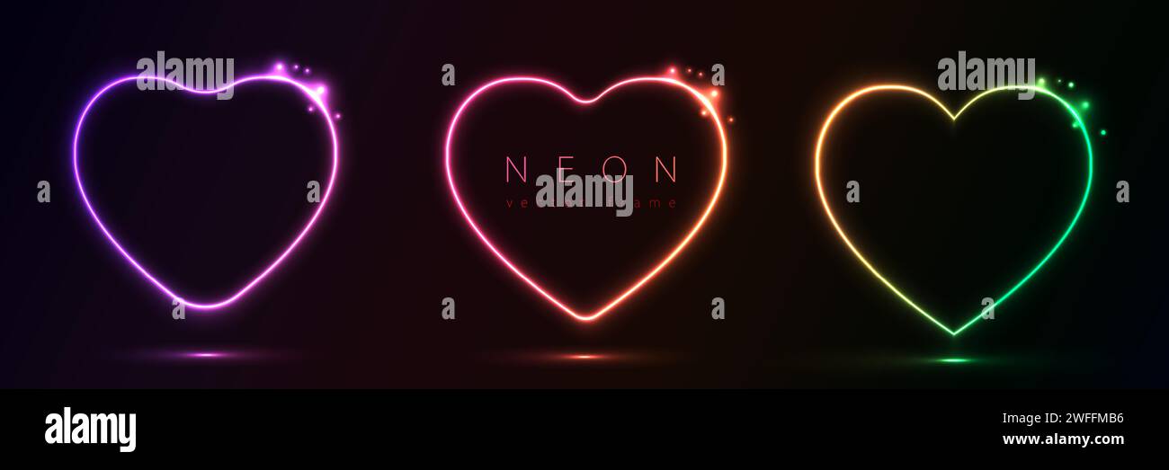 Set of glowing neon color heart shape with wavy dynamic lines on black ...