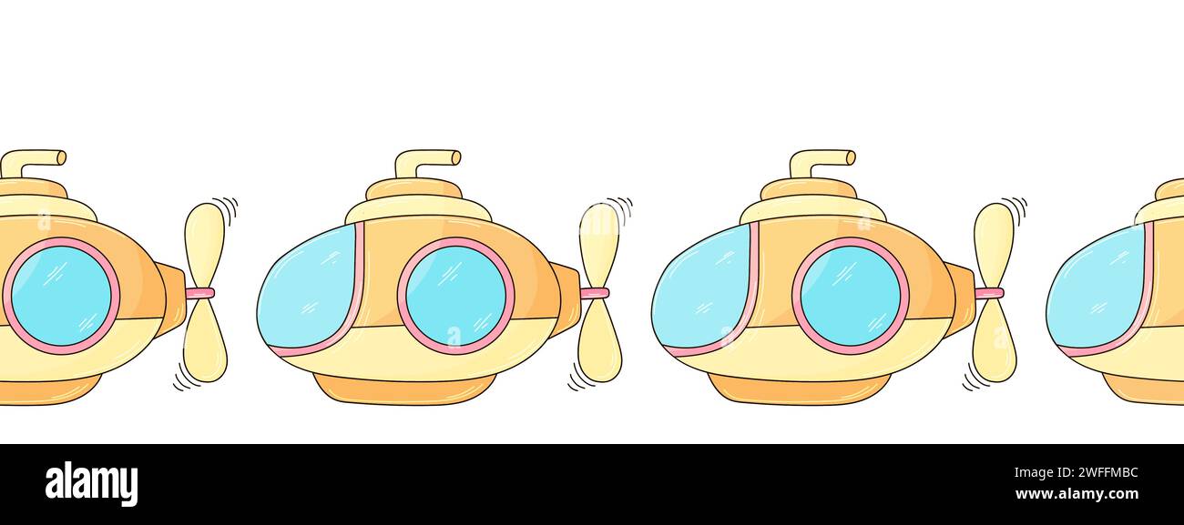 Marine seamless border. Children's fairy-tale drawing. Yellow ...