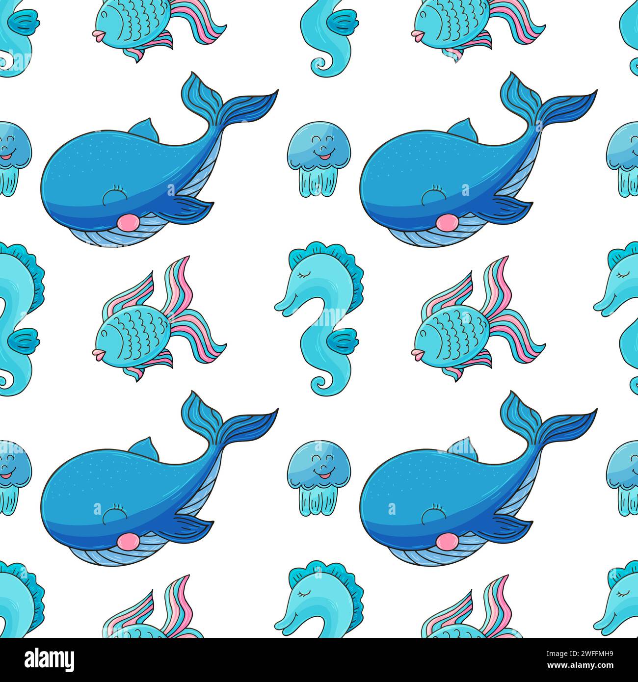 Creative marine seamless pattern. Whales and their friends. Pattern in ...