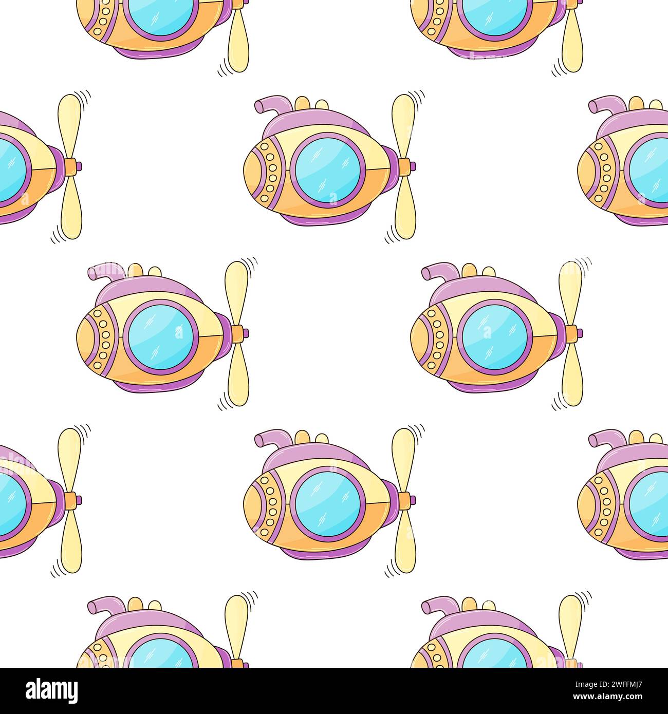 Marine seamless pattern. Submarines. Children's cute hand drawings. Can ...