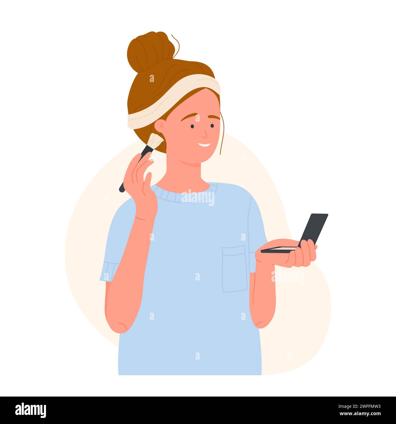 Girl applying makeup powder. Decorative beauty cosmetics, skin care ...