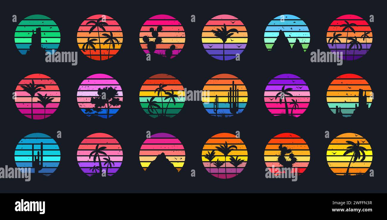 Grunge vintage sunset collection. Colorful striped sunrise badges in ...