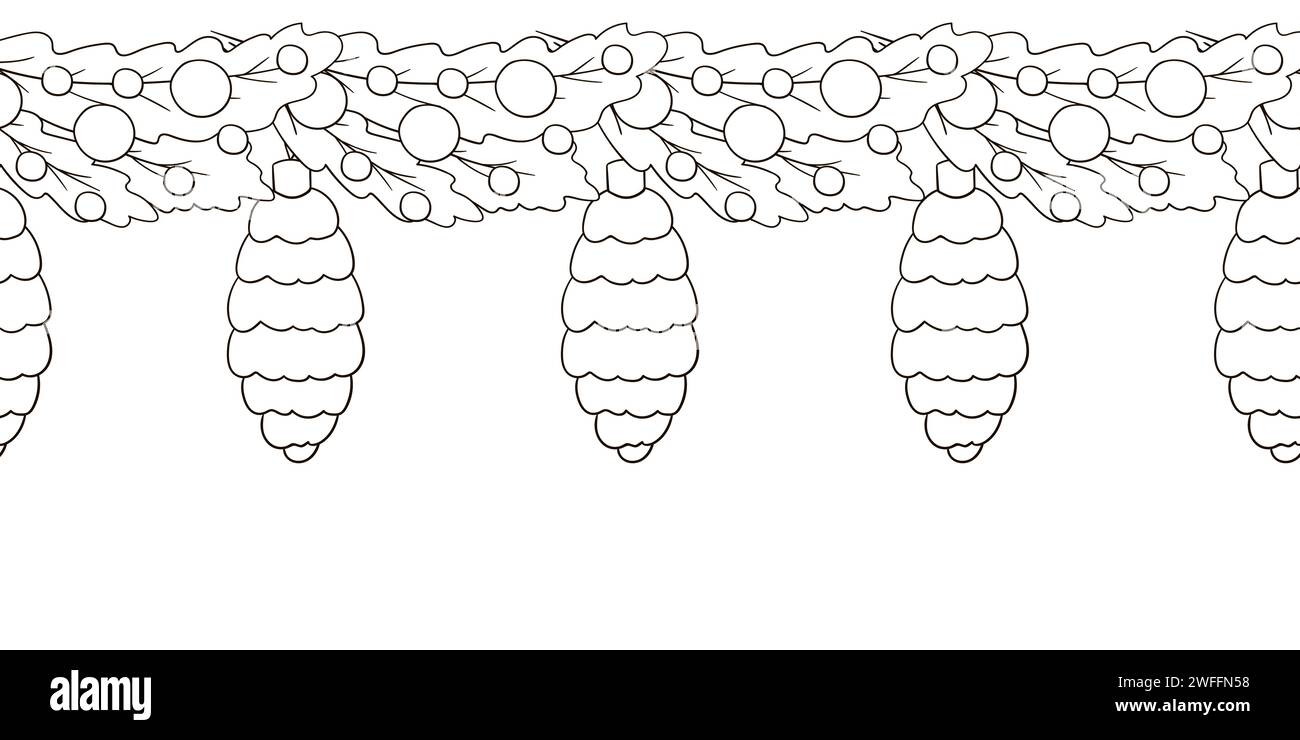 Christmas wreath, pine garland. New Year seamless border. Coloring ...