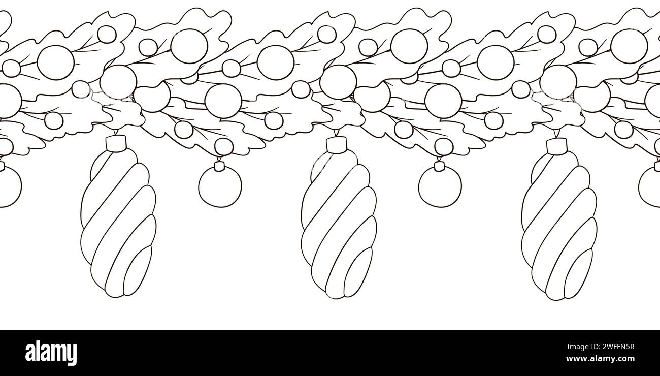 New Year seamless border. Christmas wreath, pine garland. Coloring ...