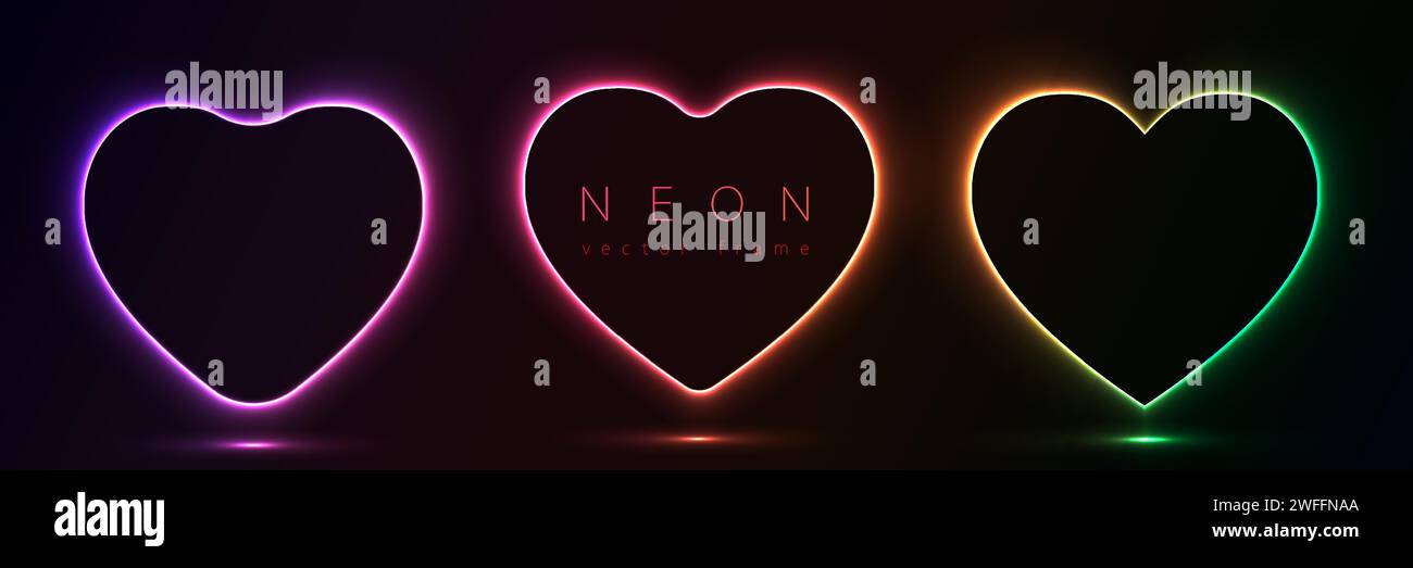 Set of glowing neon color heart shape with wavy dynamic lines on black ...