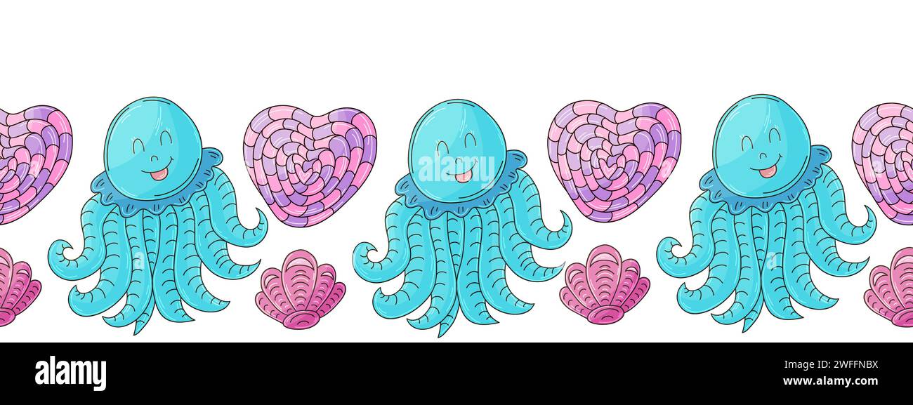 Marine seamless border. Children's fairy-tale drawing. Sea inhabitants ...