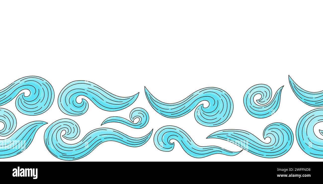 Marine seamless border. Children's fairy-tale drawing. Waves. Vector ...