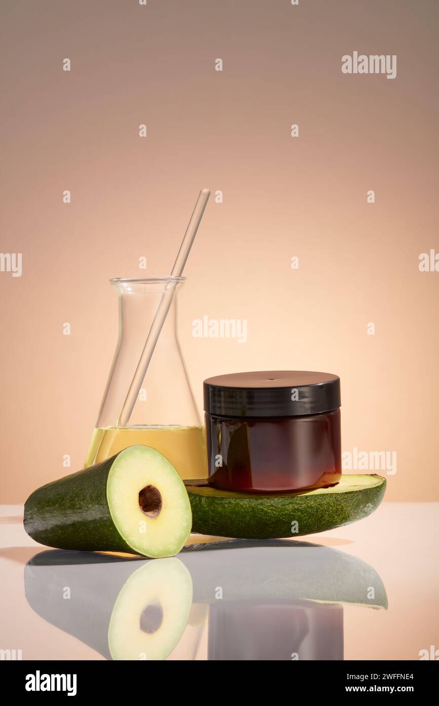 An erlenmeyer flask filled with Avocado essential oil displayed with a ...
