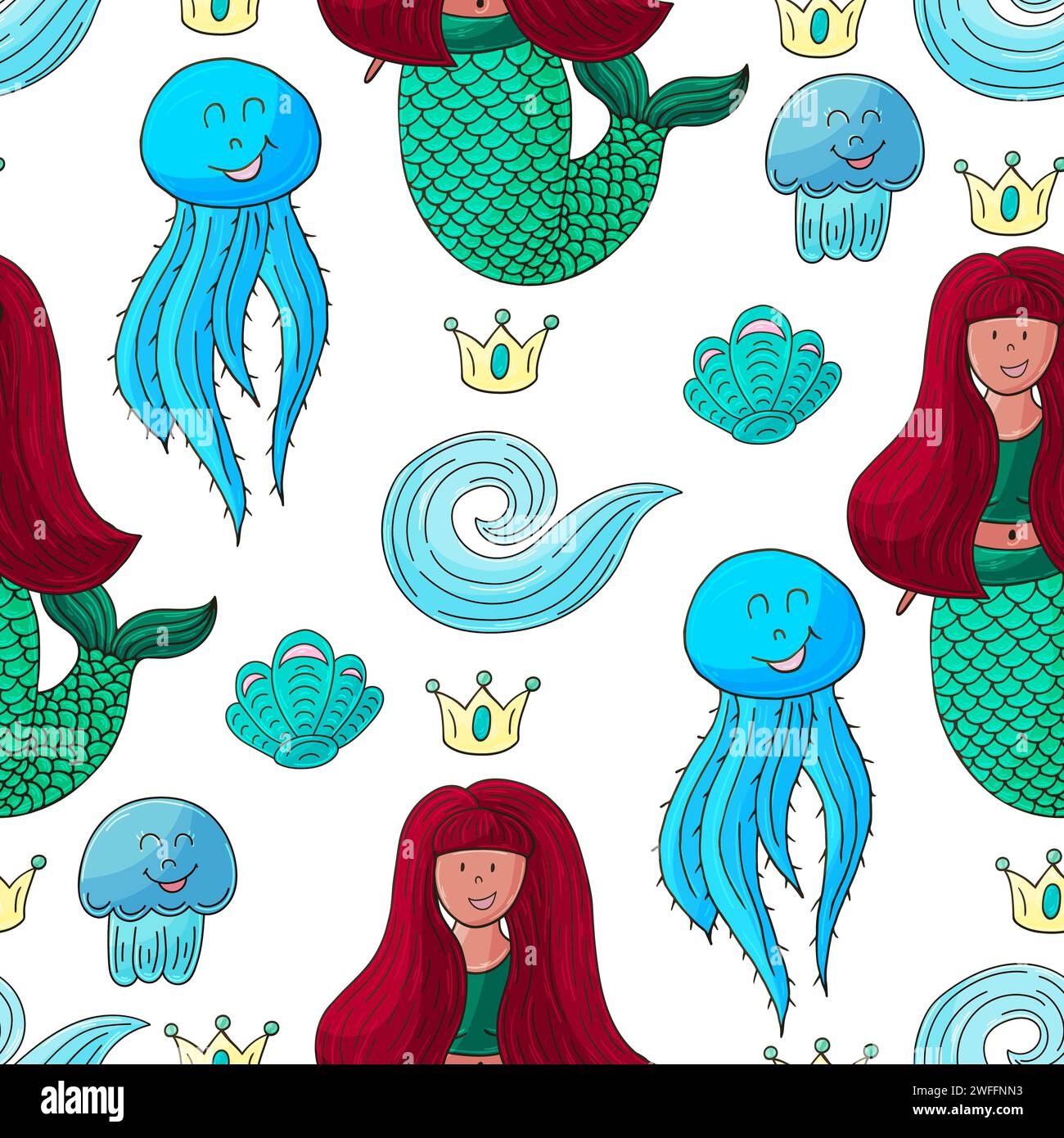 Mermaids and their friends. Creative marine seamless pattern. Pattern ...