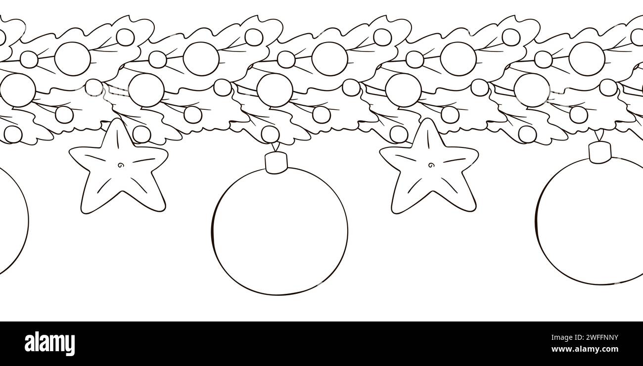 New Year seamless border. Christmas wreath, pine garland. Coloring ...