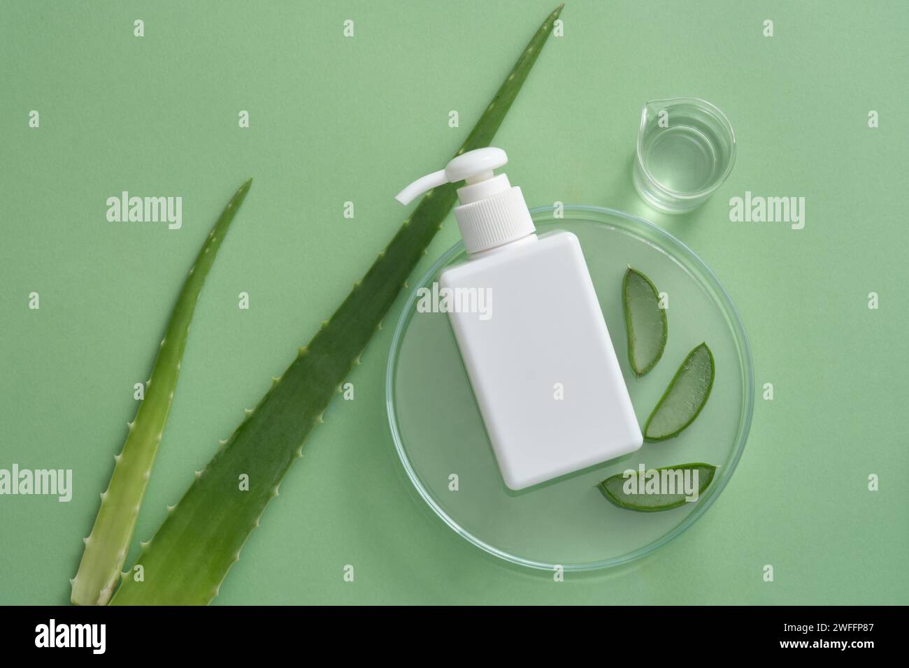 Petri dish with Aloe vera slices and unlabeled pump bottle put on, a ...