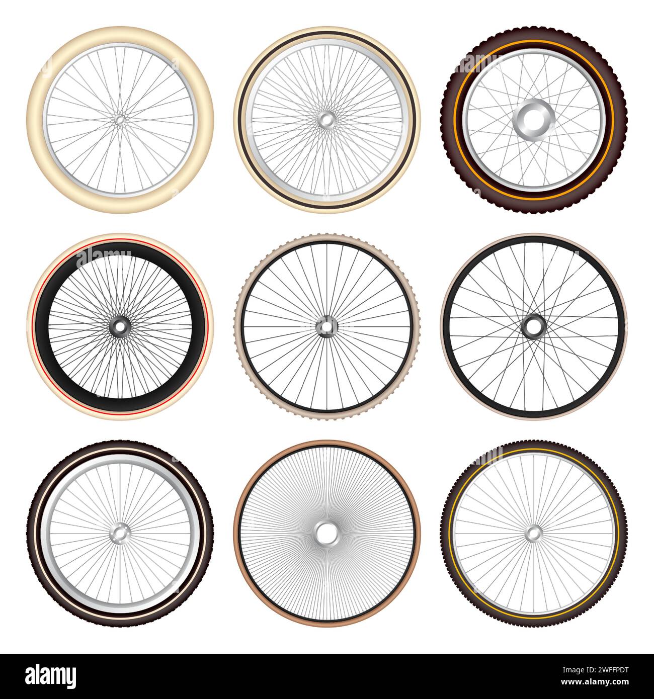 Realistic 3d retro bicycle wheels. Vintage bike rubber tyres, shiny ...