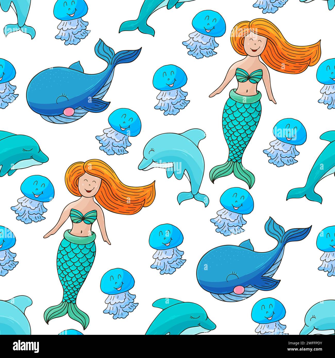 Mermaids and their friends. Creative marine seamless pattern. Pattern ...