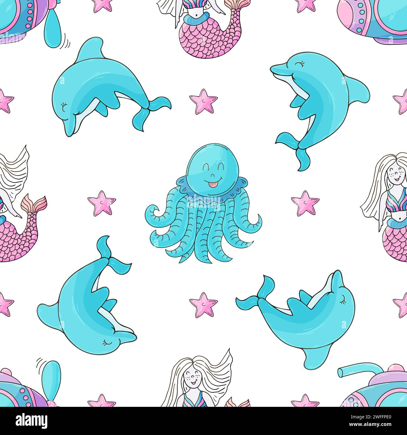 Mermaids and their friends. Creative marine seamless pattern. Pattern ...
