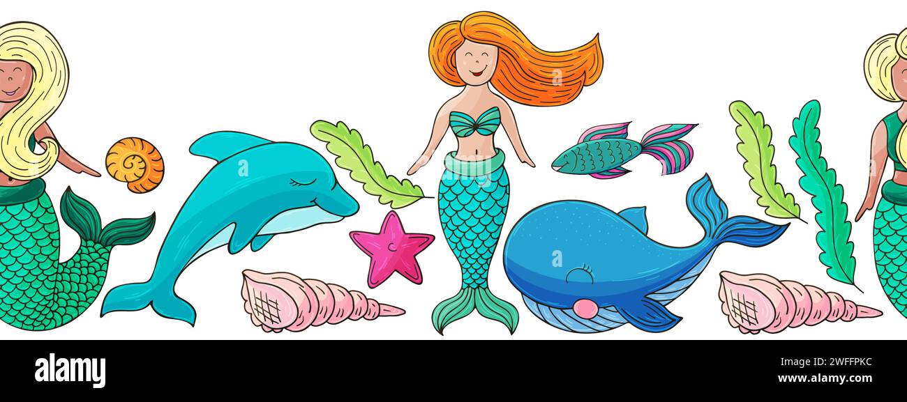 Marine seamless border. Children's fairy-tale drawing. Mermaids and ...