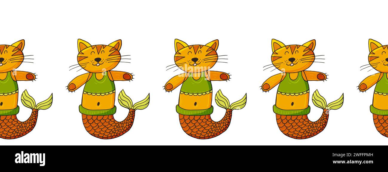 Marine seamless border. Children's fairy-tale drawing. Mermaid cats ...