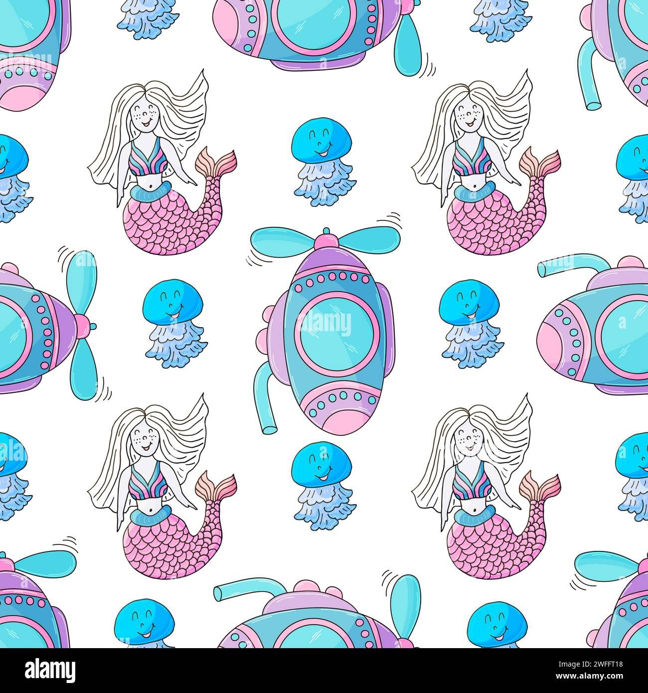 Mermaids and their friends. Creative marine seamless pattern. Pattern ...