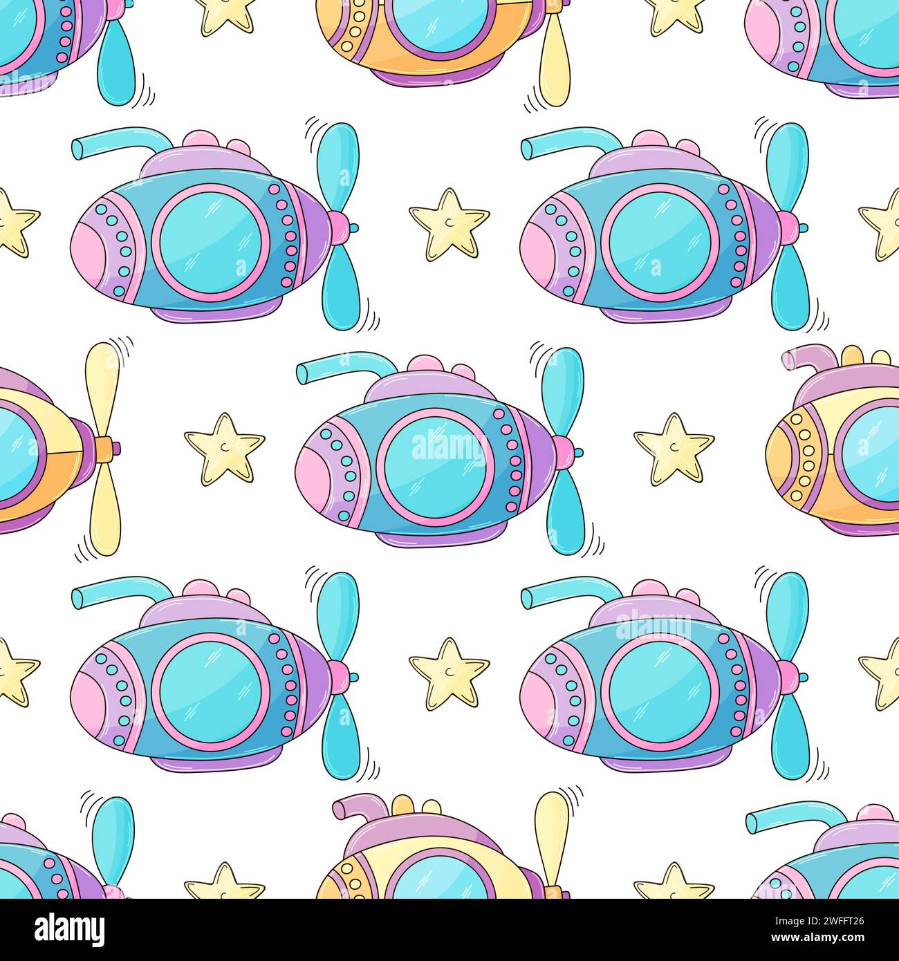 Purple Submarines. Creative marine seamless pattern. Pattern in hand ...