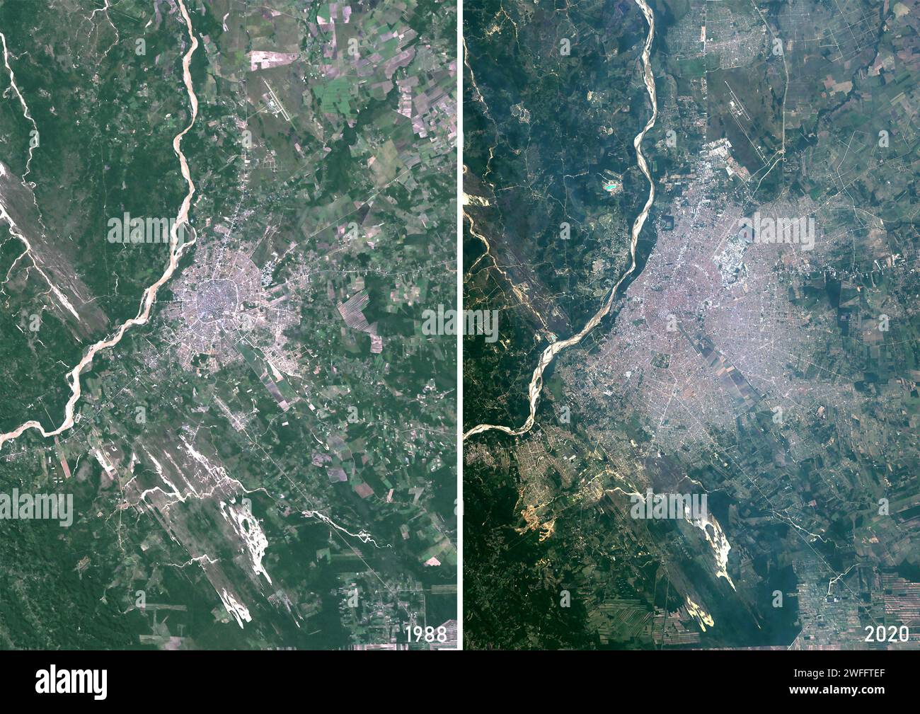 Urban expansion in Bolivia in 1988 and 2020, satellite image Stock ...