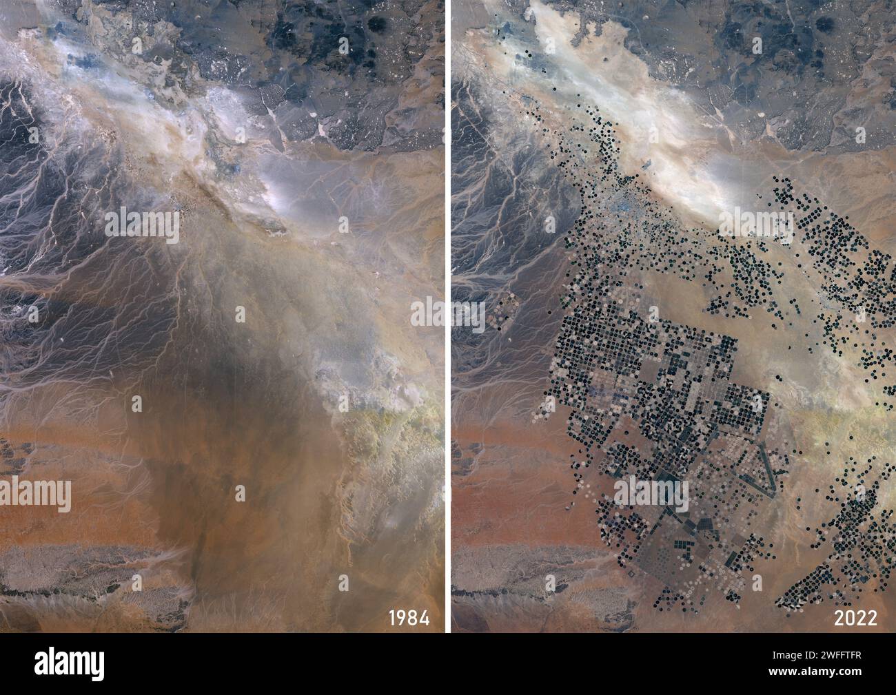 Wadi As-Sirhan Basin, Saudi Arabia, 1984 and 2022, satellite image ...