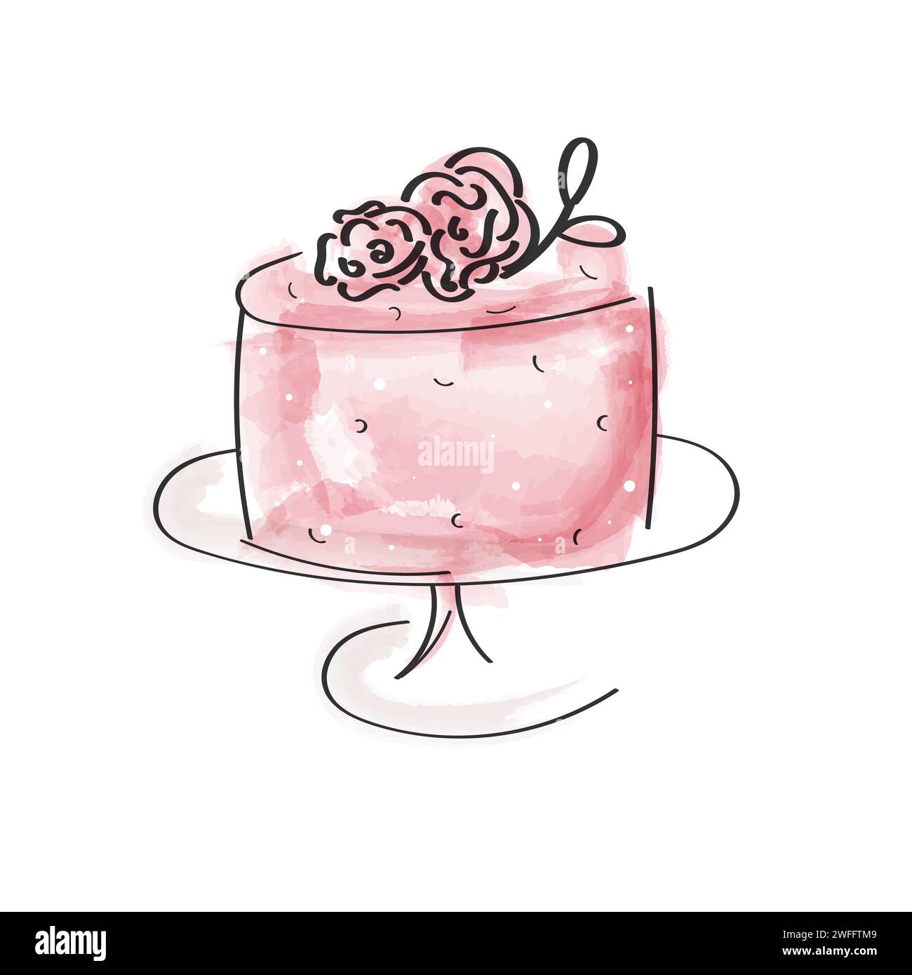 Elegant doodle cake with flowers on top. Hand drawn watercolor ...