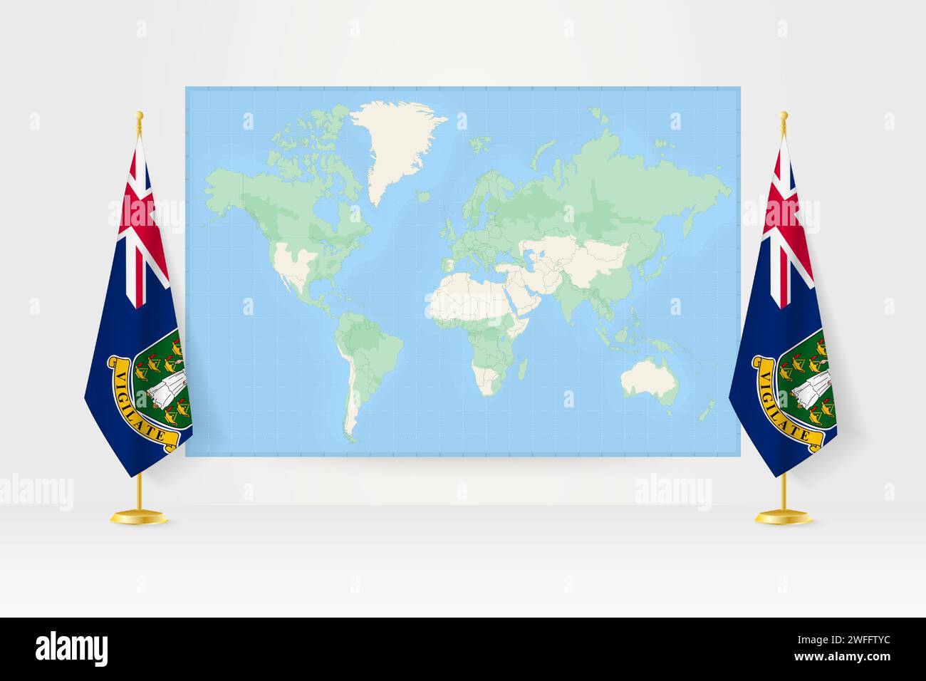 World Map between two hanging flags of British Virgin Islands on flag ...
