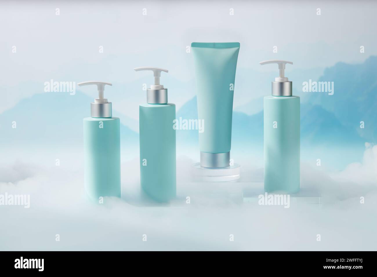 Set of cosmetic container with pump dispenser bottles and tube in light ...