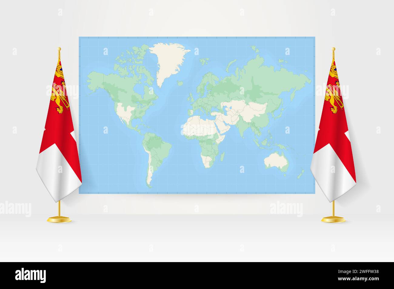 World Map between two hanging flags of Sark on flag stand. Vector illustration for diplomacy ...