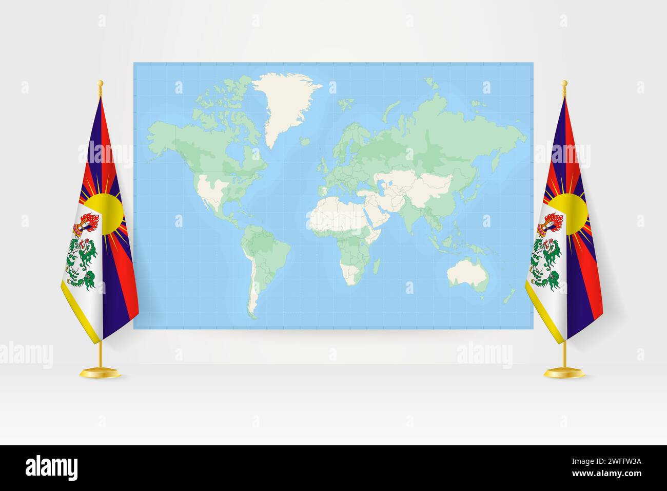World Map between two hanging flags of Tibet on flag stand. Vector ...