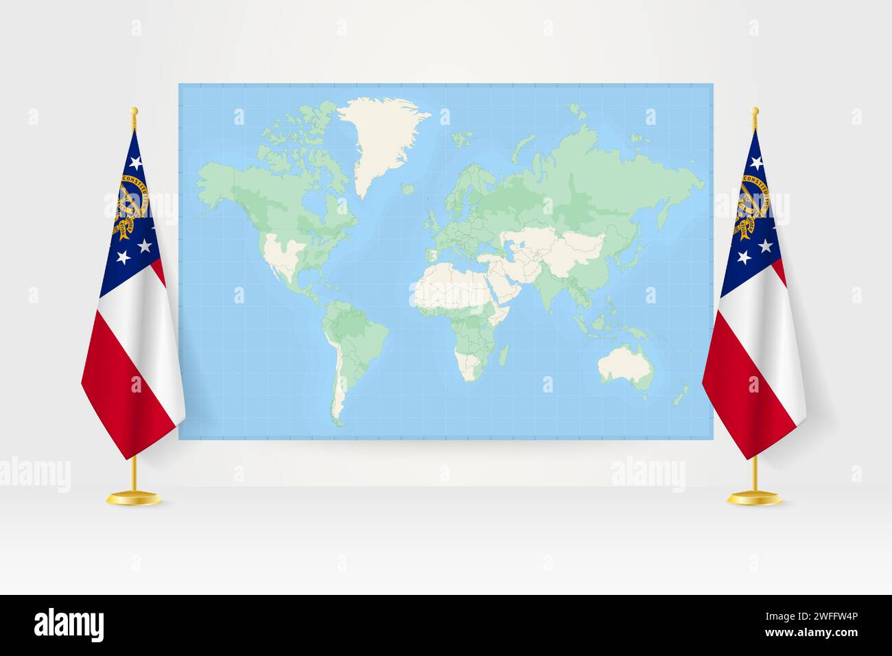 World Map between two hanging flags of Georgia on flag stand. Vector ...