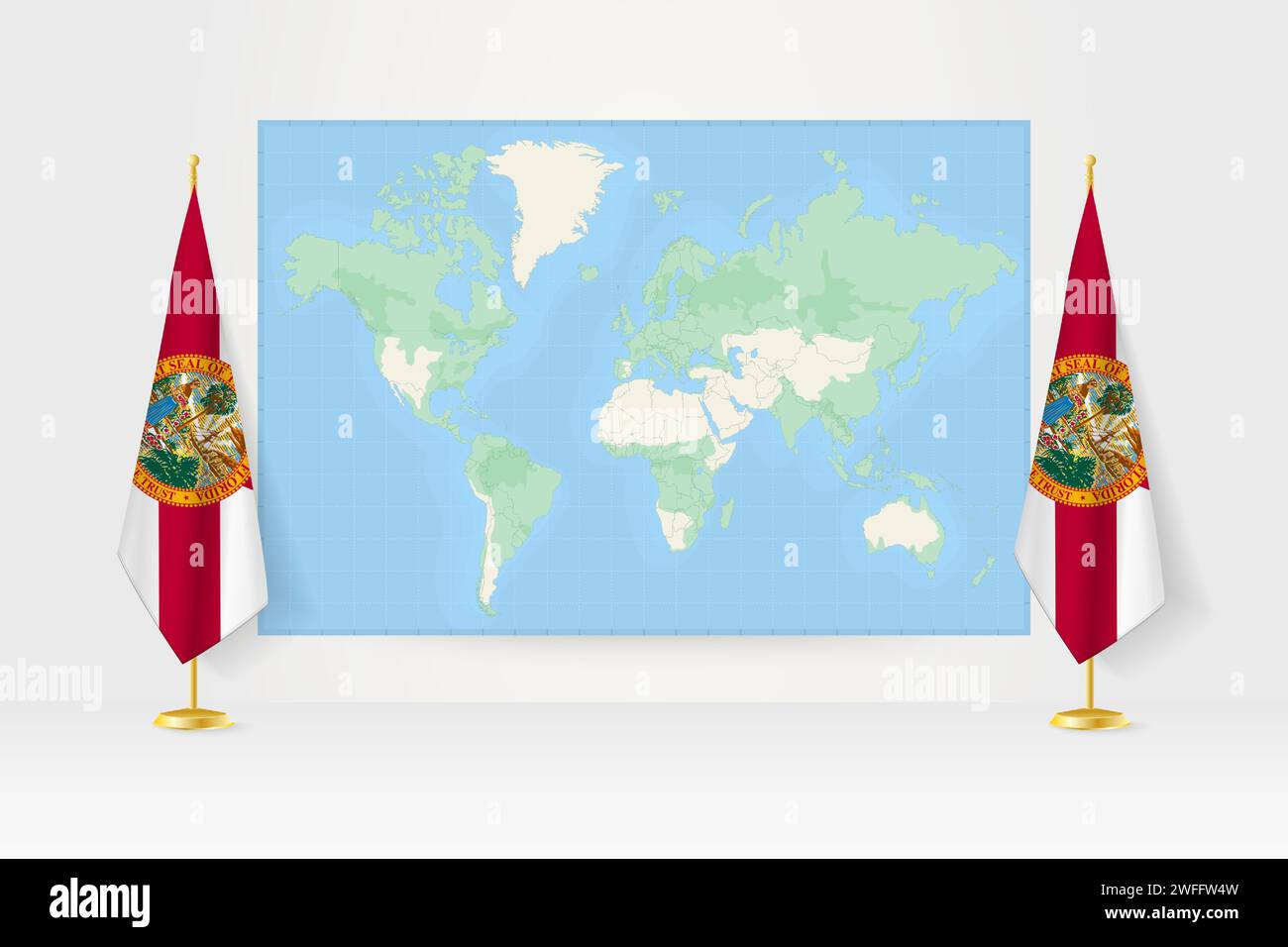 World Map between two hanging flags of Florida on flag stand. Vector illustration for diplomacy ...