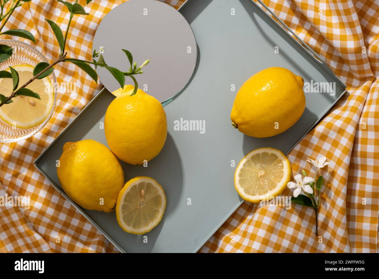 A pastel tray with Lemons, a round-shaped mirror and blank space to ...