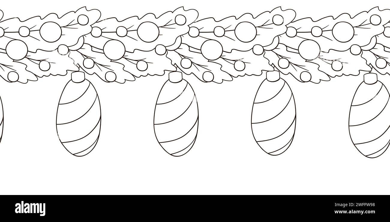 New Year seamless border. Christmas wreath, pine garland. Coloring ...