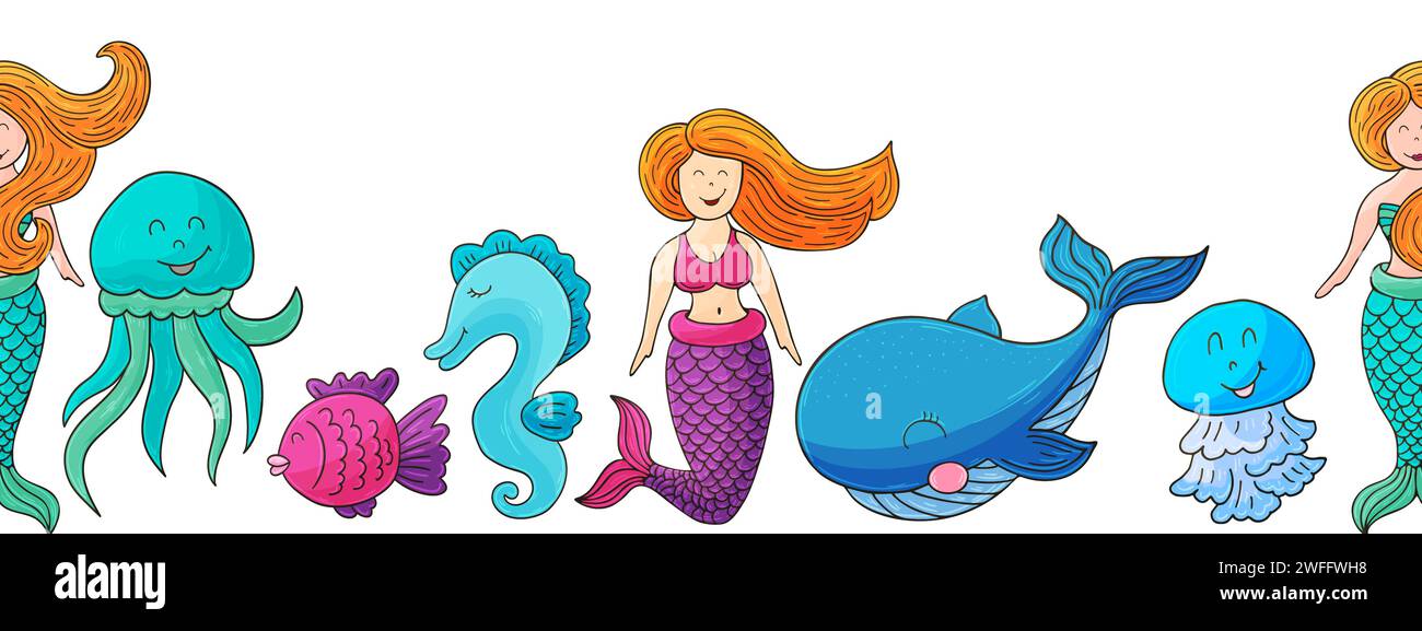Marine seamless border. Children's fairy-tale drawing. Mermaids and ...