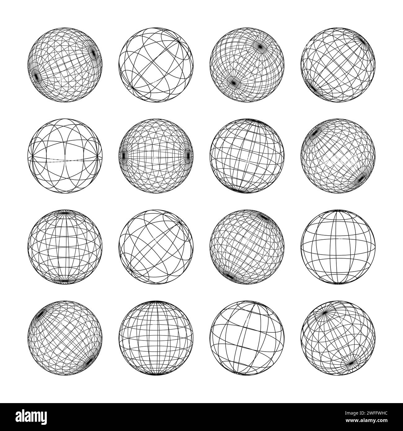 Wireframe shapes, lined sphere. Perspective mesh, 3d grid. Low poly ...
