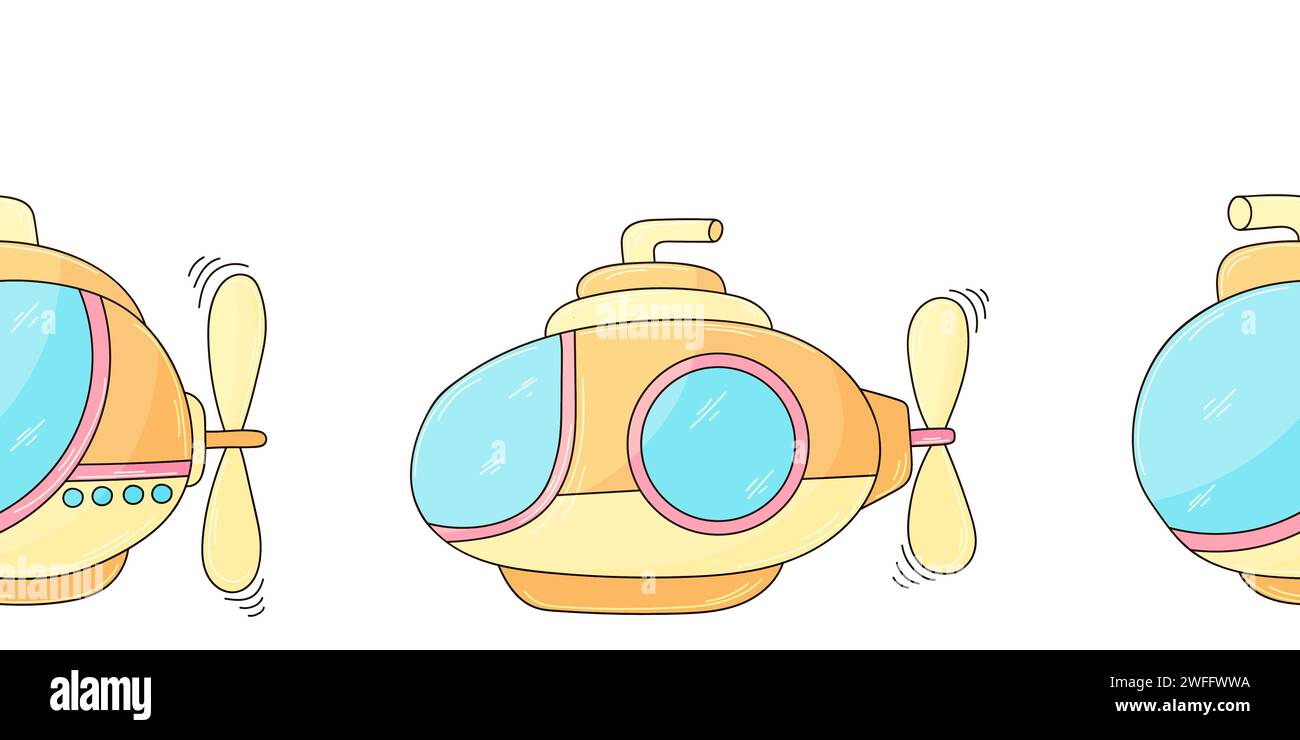 Marine seamless border. Children's fairy-tale drawing. Yellow ...