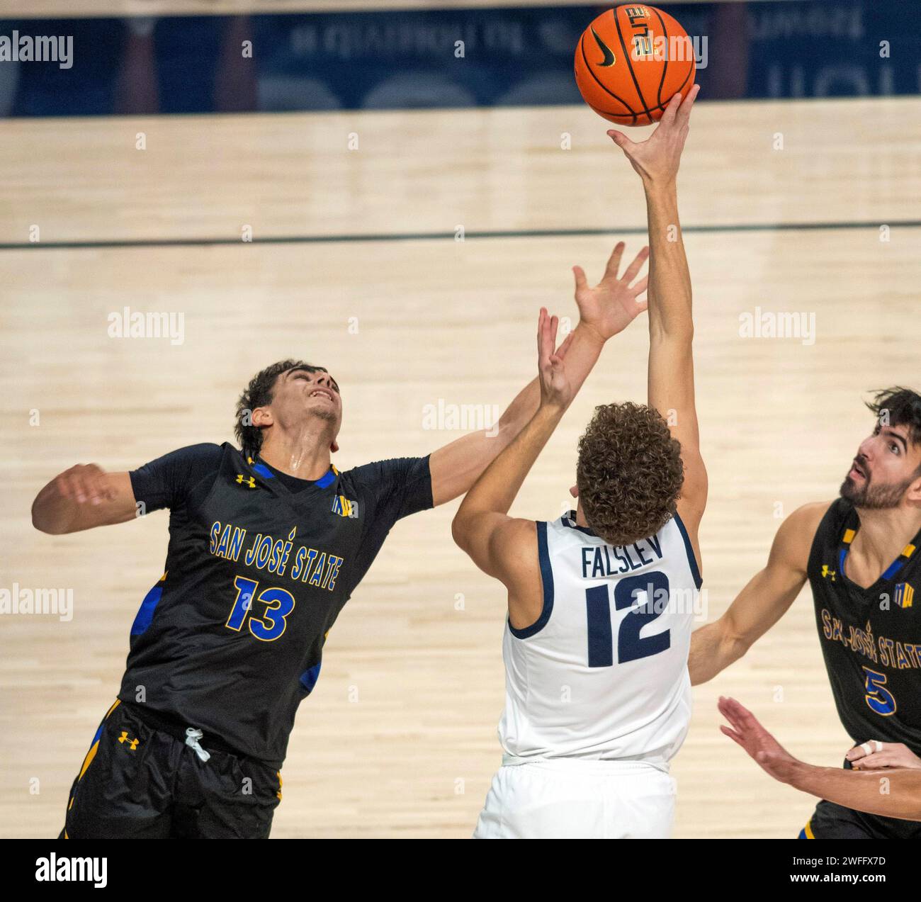 Utah State guard Mason Falslev (12) shoots the ball as San Jose State ...