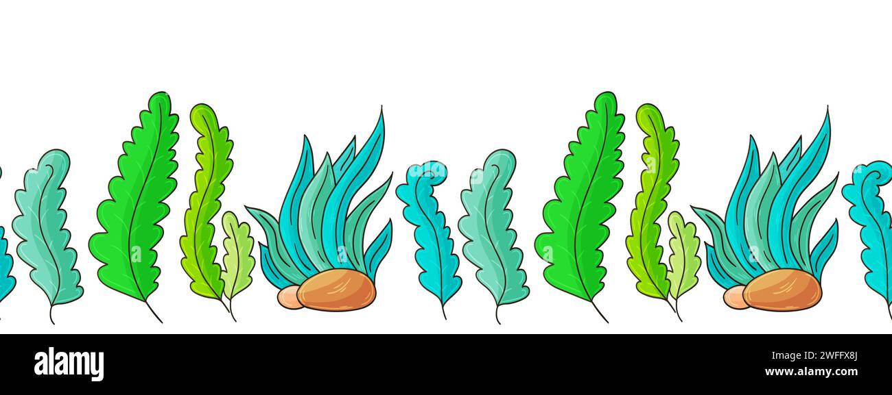 Marine seamless border. Children's fairy-tale drawing. Seaweed. Vector ...
