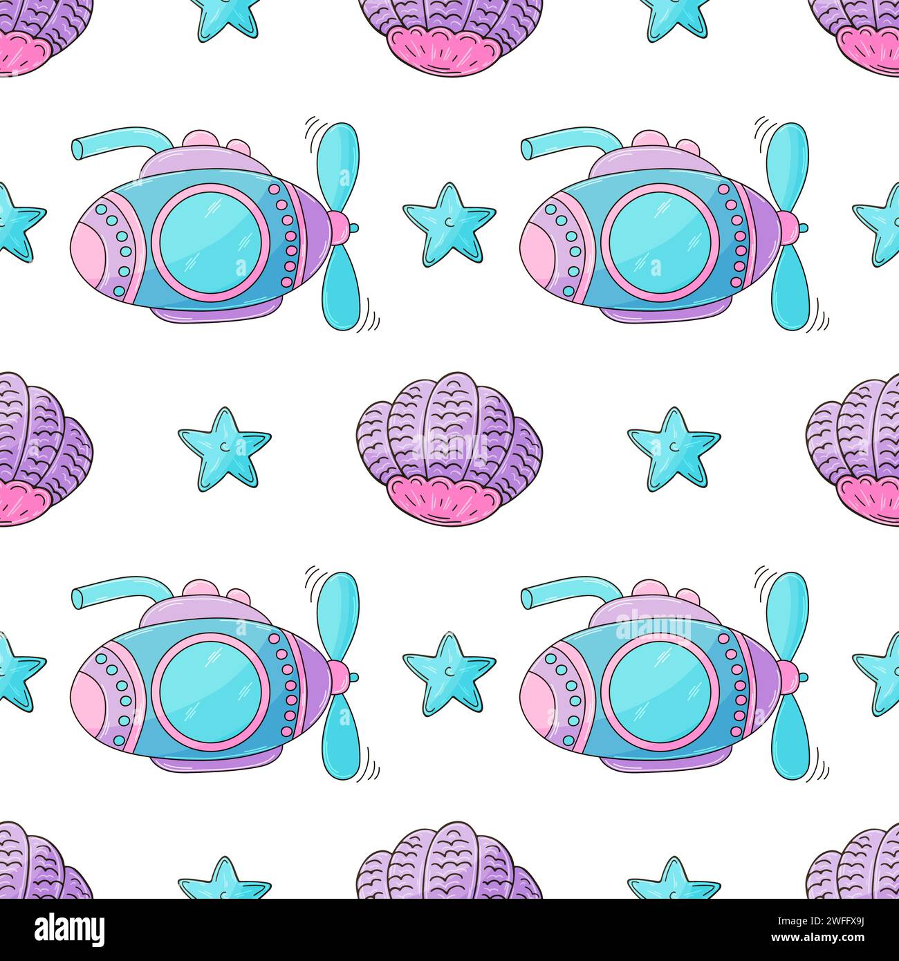 Purple Submarines. Creative marine seamless pattern. Pattern in hand ...